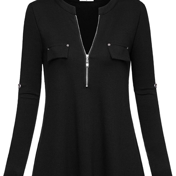 Tops | Roll Up Long Sleeve Zip Up Top Black | Poshmark